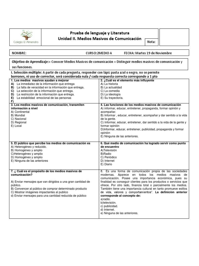 prueba -medios masivos de comunicación | PDF | Medios de comunicación ...