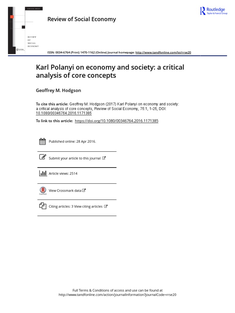 Karl Polanyi On Economy and Society: A Critical Analysis of Core ...
