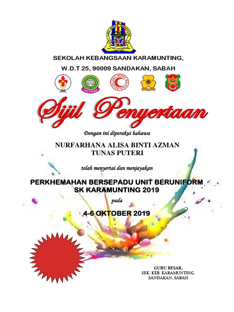 Sijil Penyertaan PERKHEMAHAN 2019 | PDF
