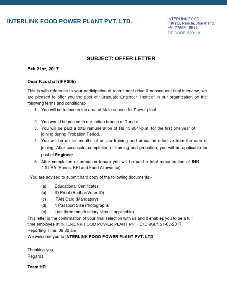 Interlink Food Power Plant Pvt. LTD.: Subject: Offer Letter | PDF