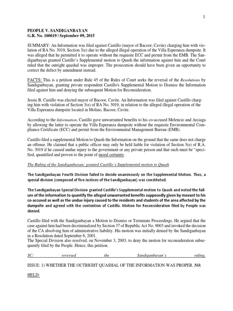 SC Reverses Sandiganbayan in Castillo Case | PDF | Complaint | Legal ...