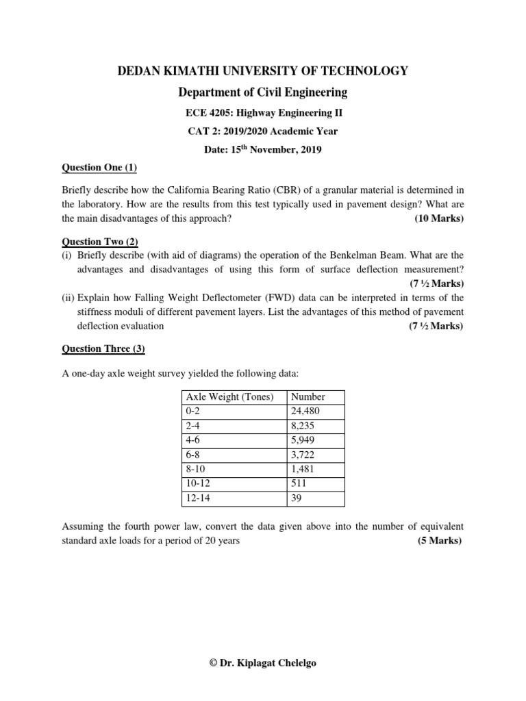CAT 2 2019 2020 ECE 4205 Highway Engineering II | PDF | Technology ...