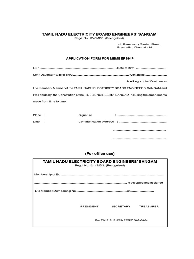 TNEB Engineers' Sangam Membership Form | PDF