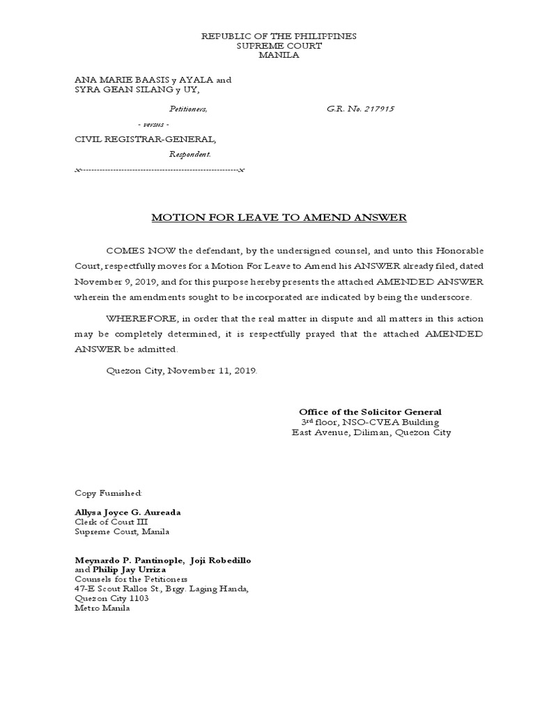 Motion to Amend Answer in Supreme Court | PDF