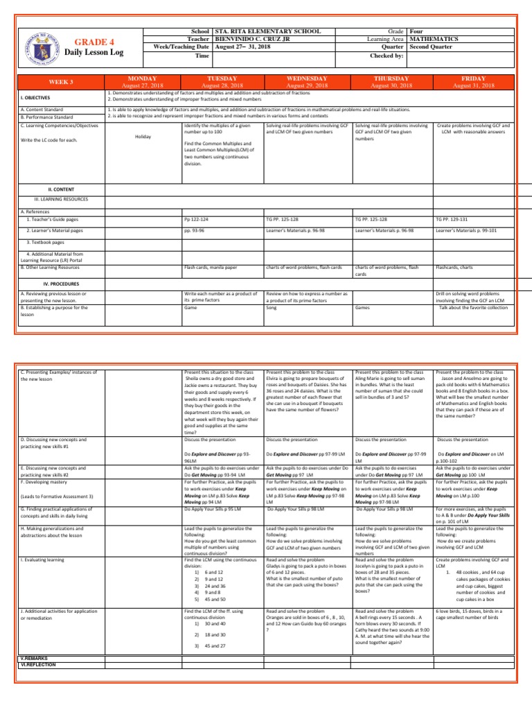 Grade 4 Math Lesson Plan | PDF | Fraction (Mathematics) | Teaching