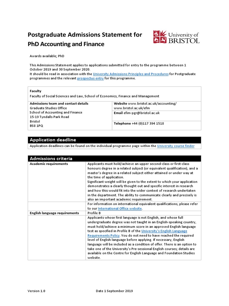 Bristol PHD Accounting Finance | PDF | University And College Admission ...