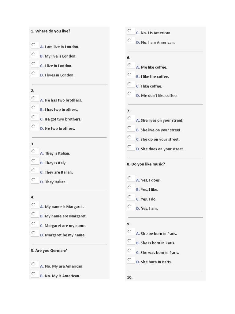 Eng Level Test A1 | PDF