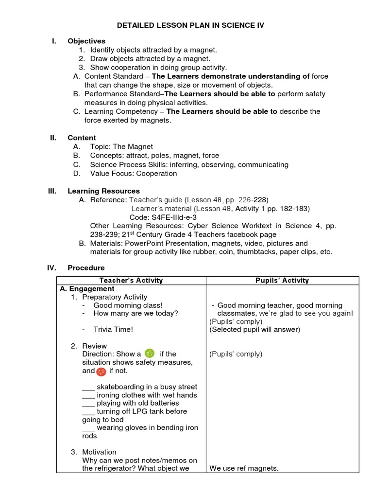 Detailed Lesson Plan On Lesson 48 Magnets | PDF | Magnet | Lesson Plan
