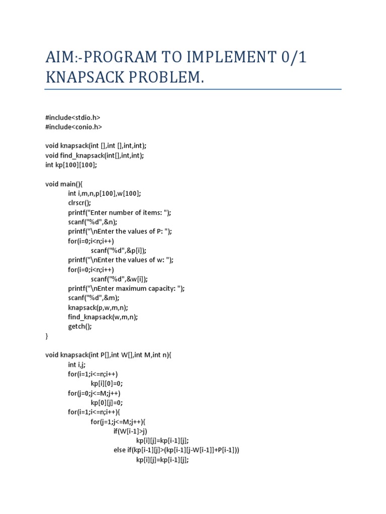 AIM Program To Implement 0/1 Knapsack Problem | PDF