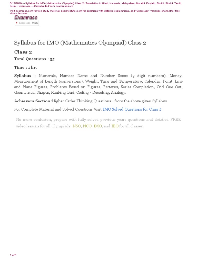 IMO Class 2 Syllabus PDF | PDF