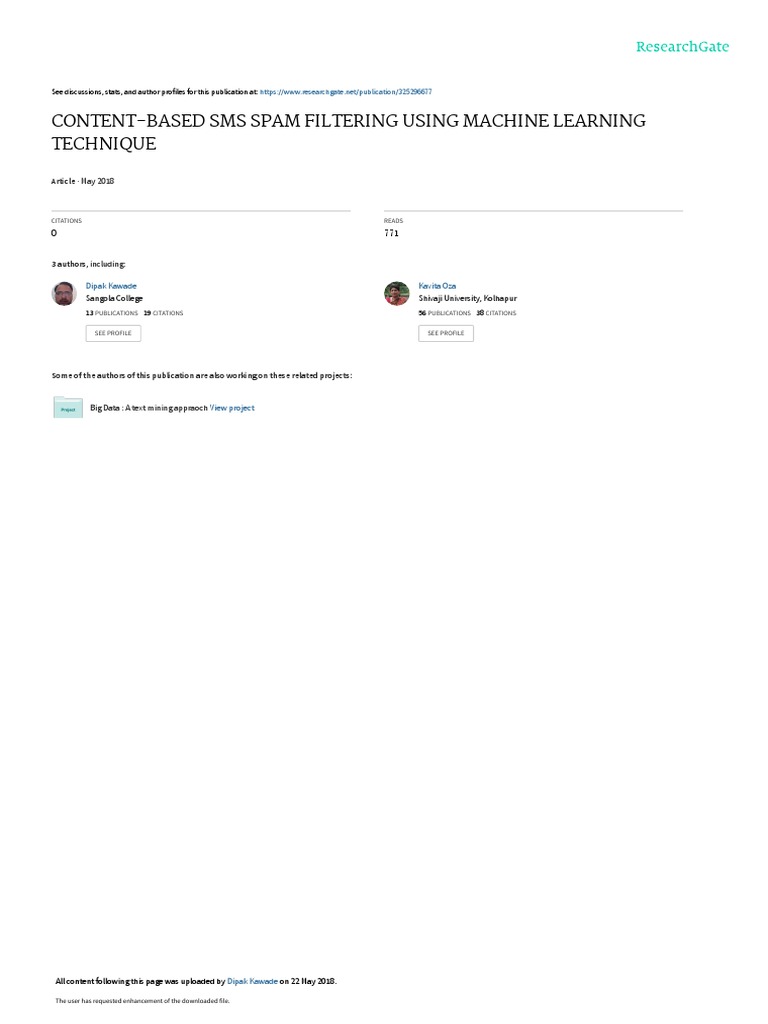 Content-Based Sms Spam Filtering Using Machine Learning Technique | PDF ...