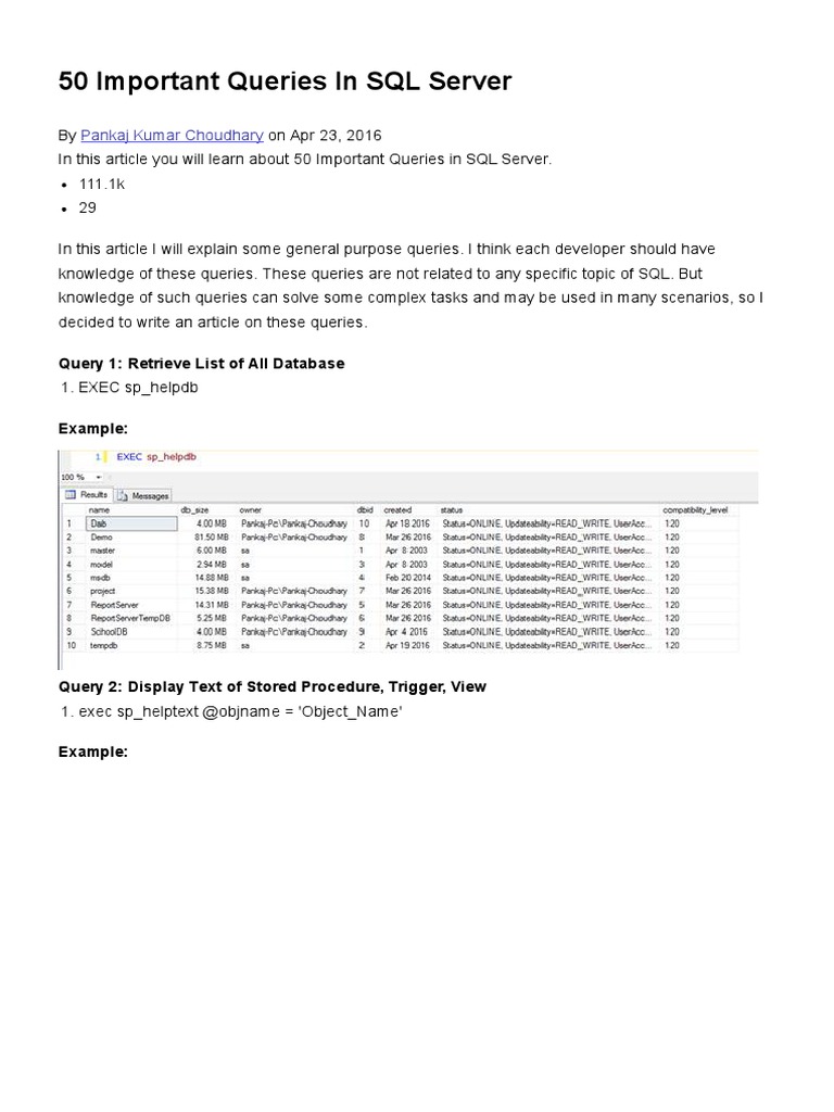 Important Queries in SQL Server | PDF | Microsoft Sql Server | Databases