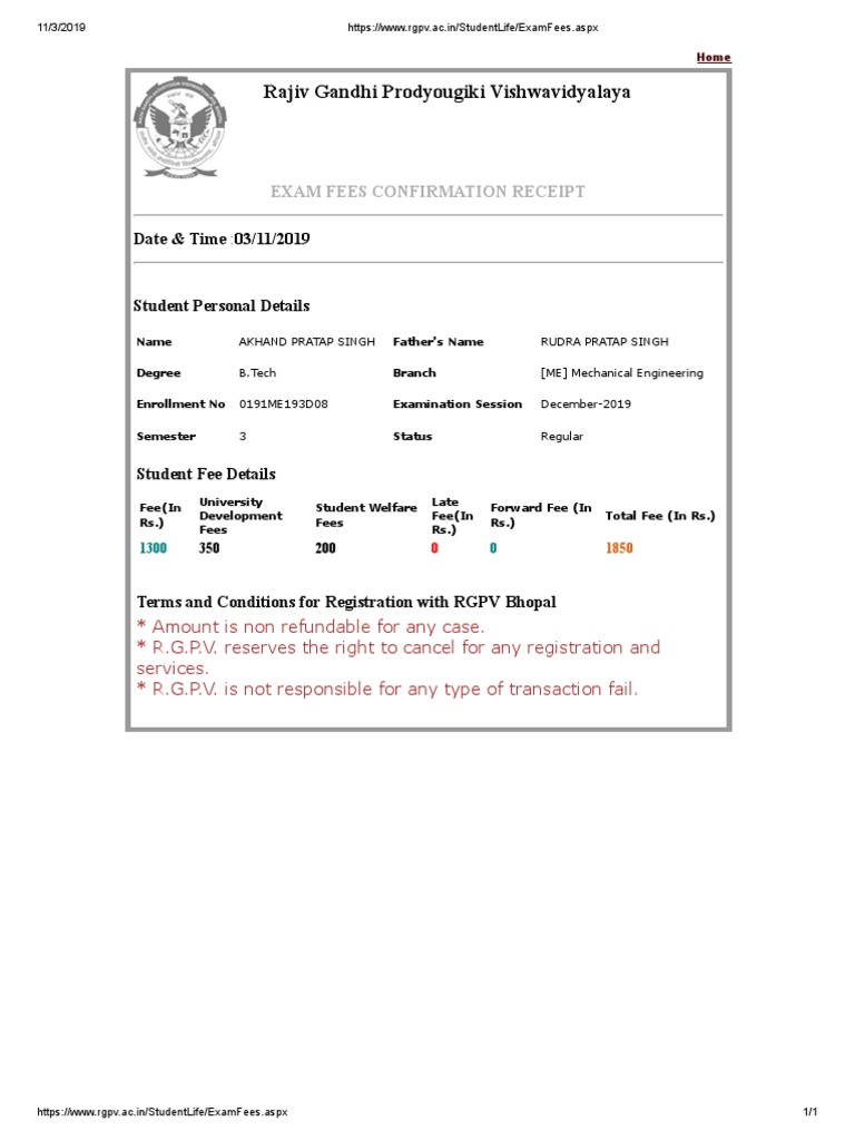 B.Tech Exam Fee Receipt | PDF