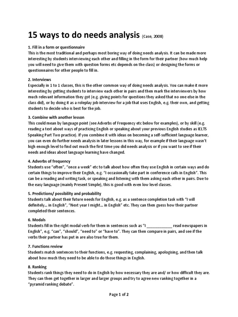 15 Ways To Do Needs Analysis | PDF | English Language | Question
