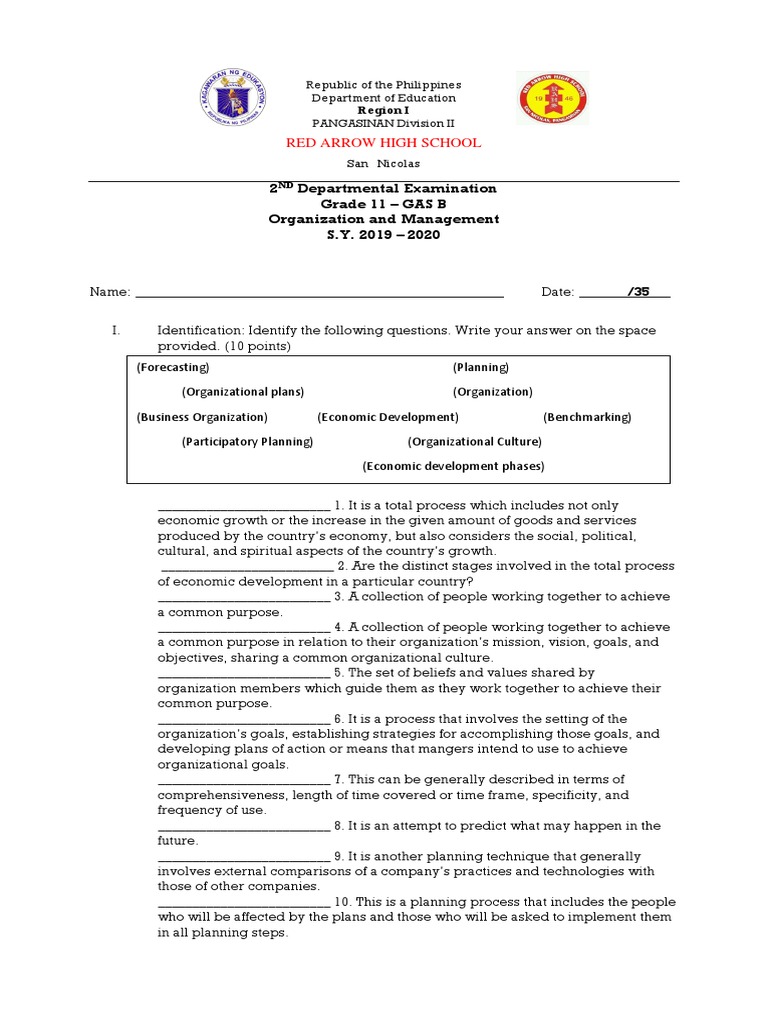 Grade 11 Organization and Management Exam | PDF | Goal | Organizational ...