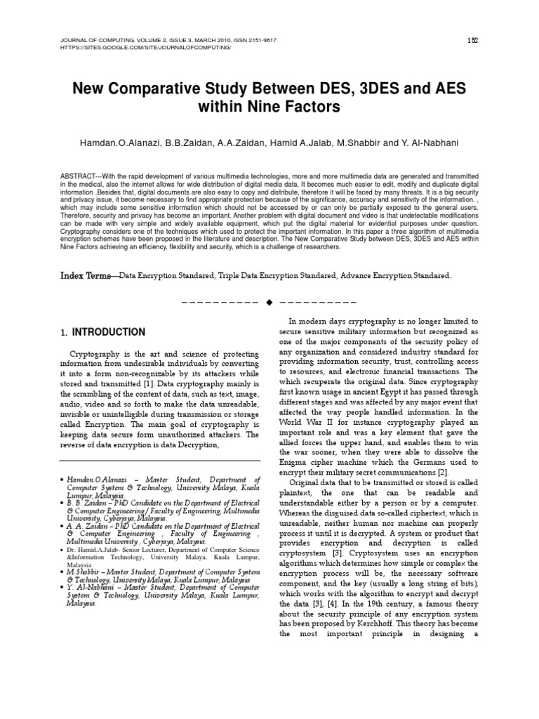 Comparative Study of DES, 3DES, AES | PDF | Cryptography | Key ...