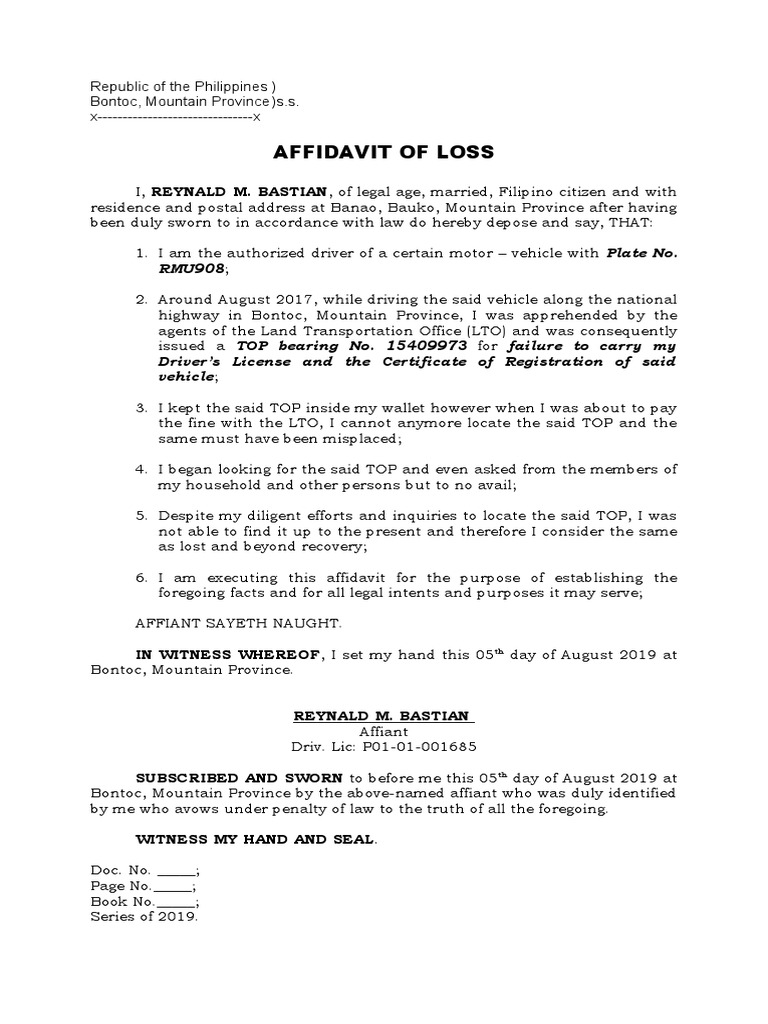 Affidavit of Loss-ToP Plate Number | PDF