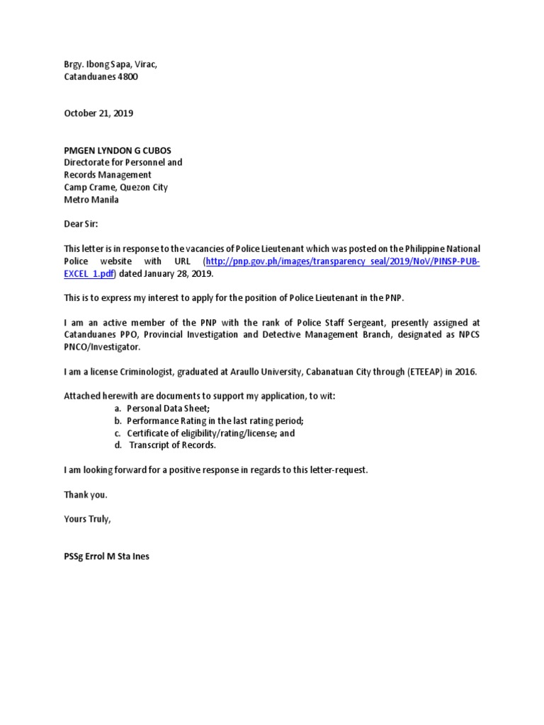 Application for Police Lieutenant Position | PDF