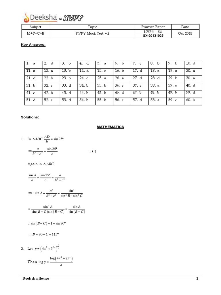 Key Answers:: Subject Topic Practice Paper Date M+P+C+B KVPY Mock Test ...