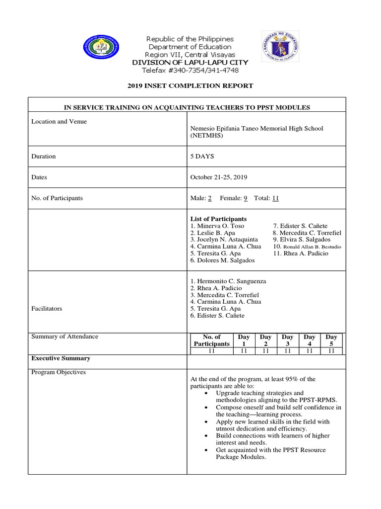 2019 INSET Completion Report (COES) | PDF | Lecture | Teaching