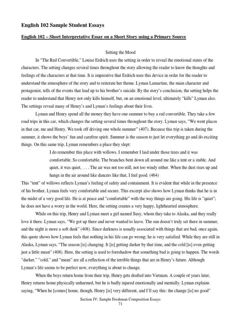 English 102 Sample Student Essays: English 102 - Short Interpretative ...