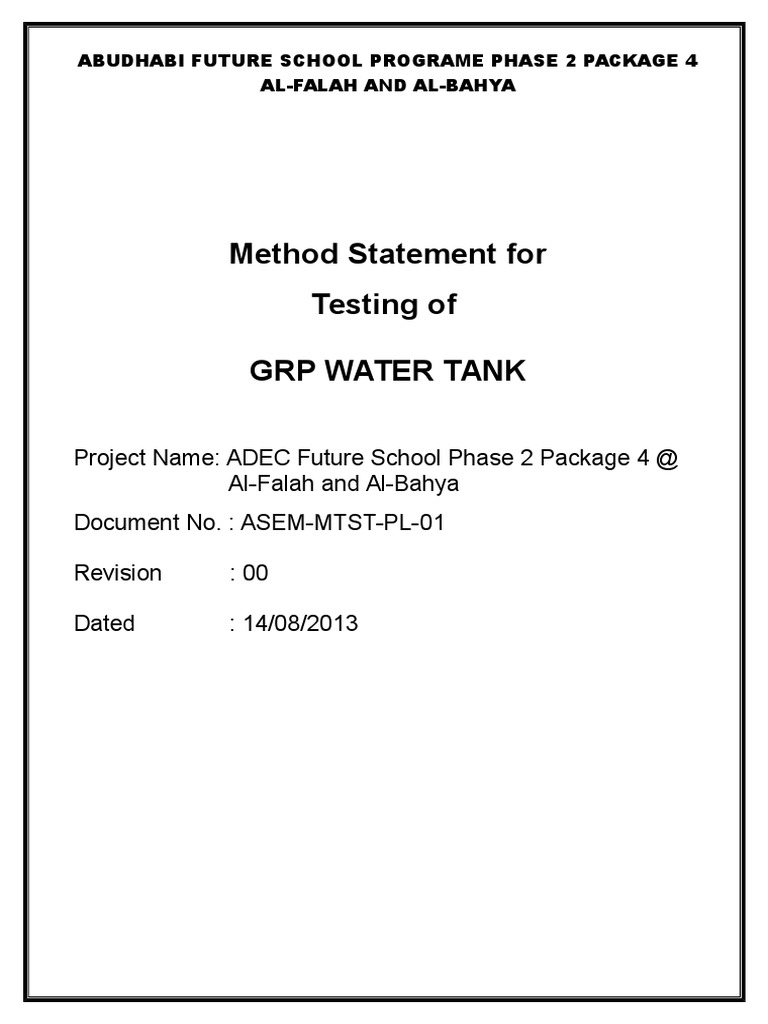 Testing and Commissioning of GRP Water Tank | PDF | Personal Protective ...
