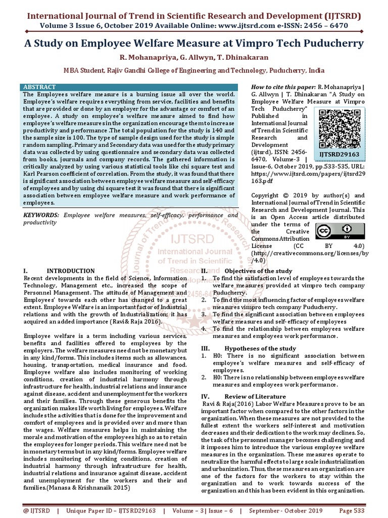 A Study On Employee Welfare Measure at Vimpro Tech Puducherry | PDF ...
