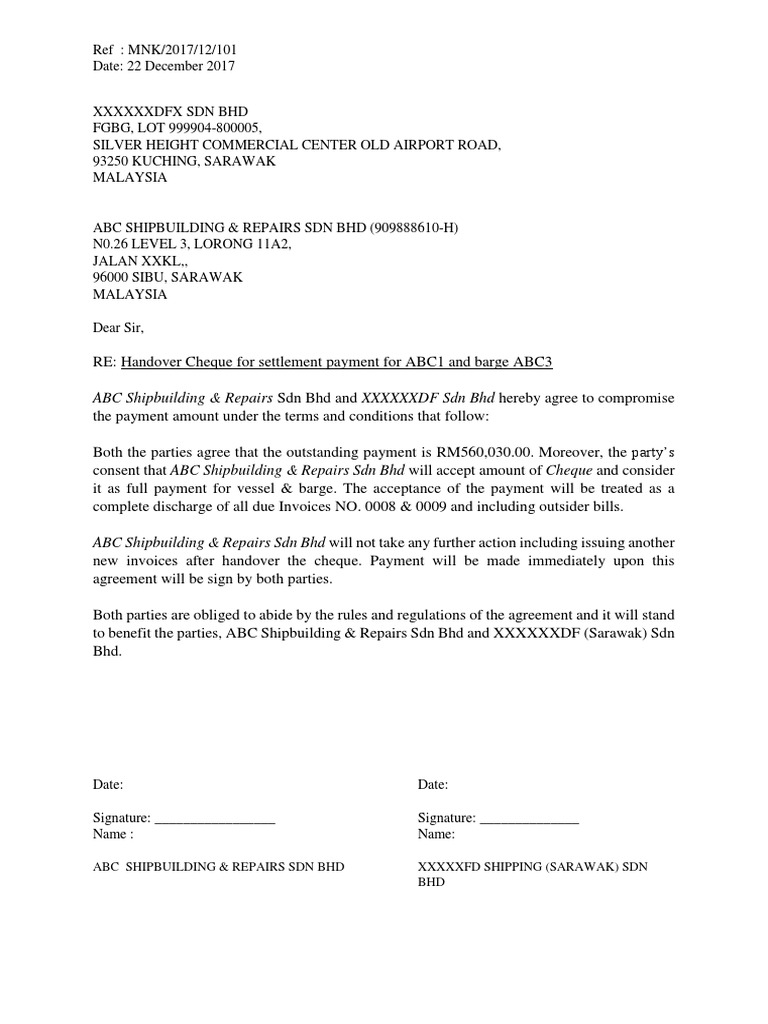 Draft Letter Handover Cheque