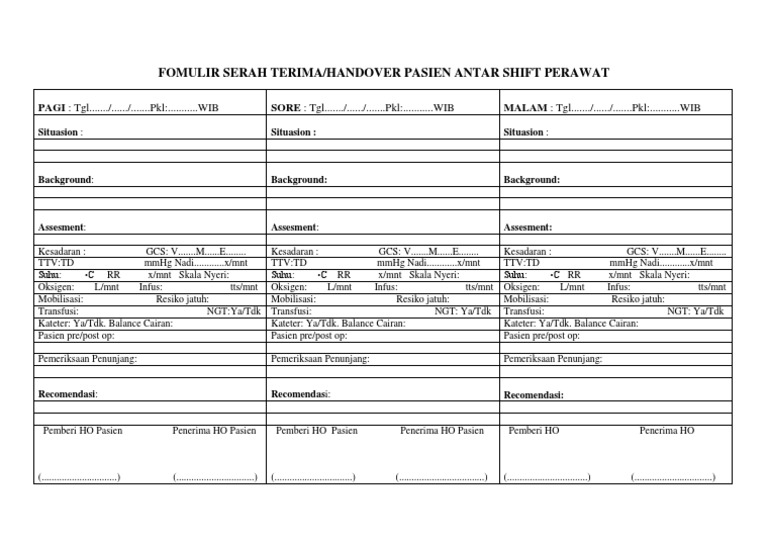 Fomulir Serah Terima Pasien Antar Shift Jaga Perawat Pdf