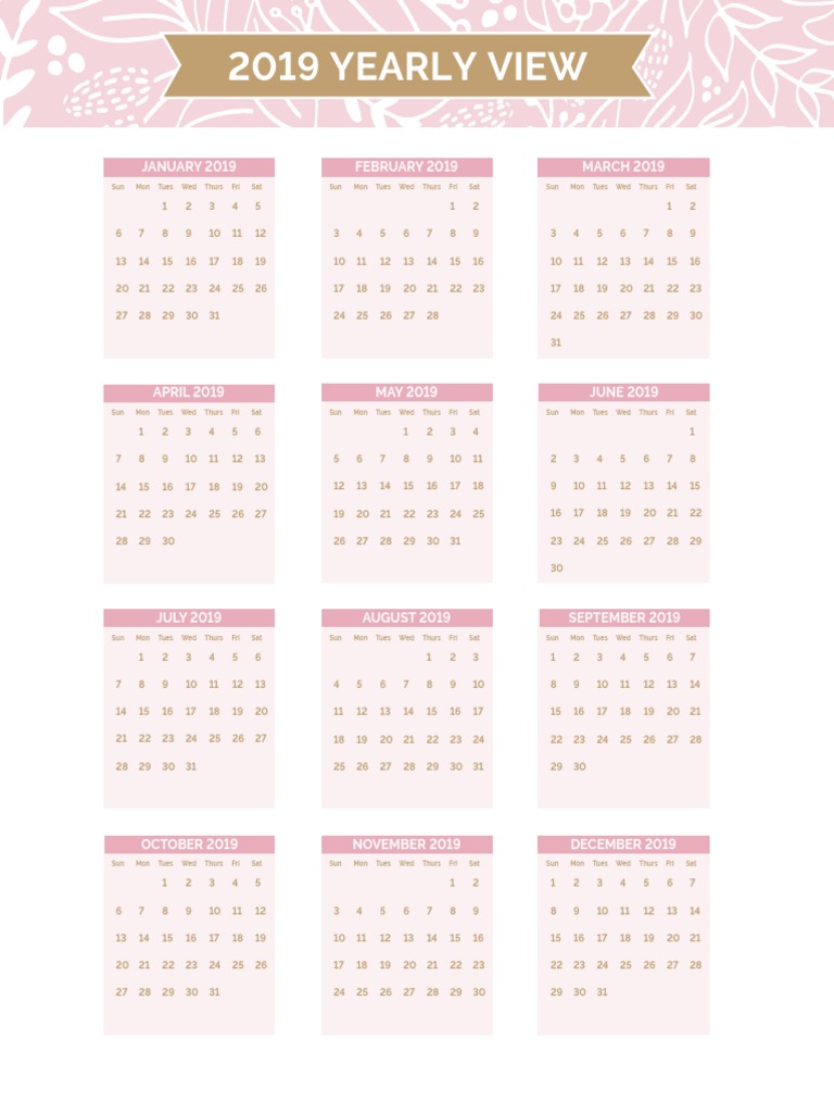 2019 Yearly View Pink and Gold | PDF