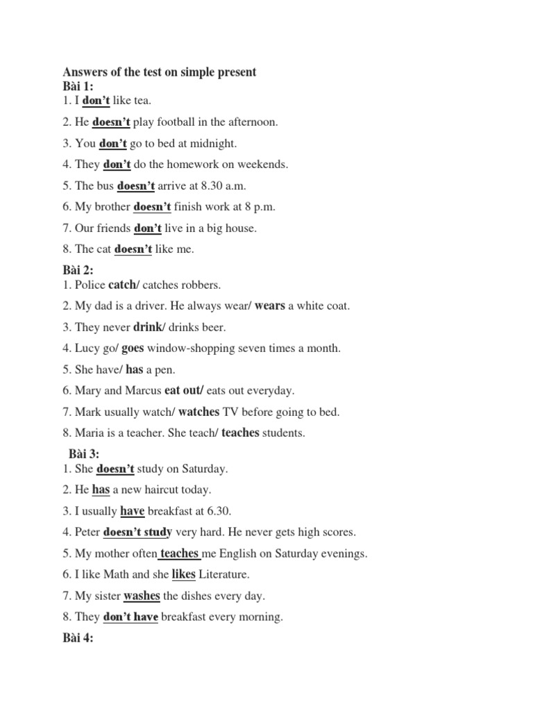 Answers of The Test On Simple Present | PDF