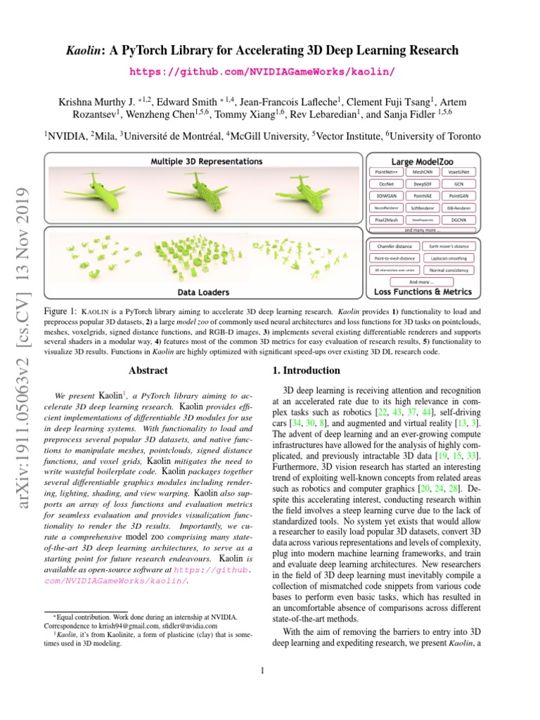 Kaolin: A Pytorch Library For Accelerating 3D Deep Learning Research | PDF | 3 D Computer ...
