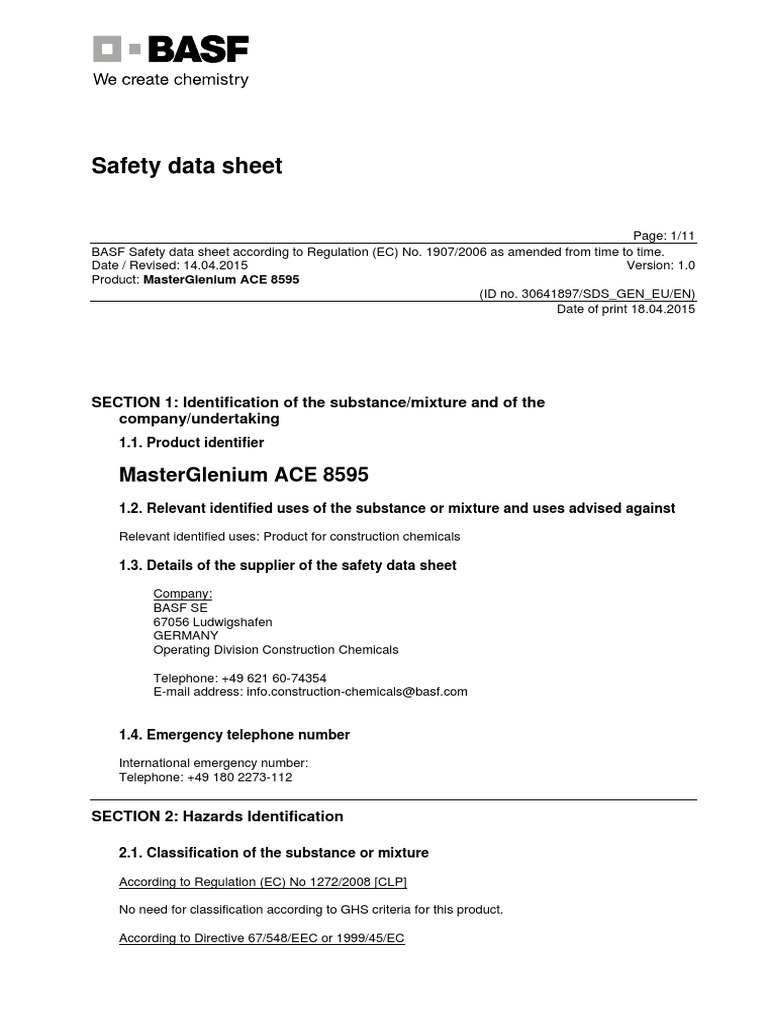 Safety Data Sheet for MasterGlenium ACE 8595 Concrete Admixture | PDF ...