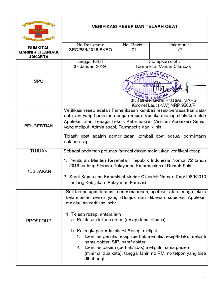 Spo Verifikasi Resep Dan Telaah Obat | PDF