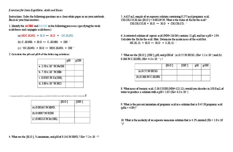 Exercises For Ionic Equilibria - Weak Acids and Bases-No Answers | PDF ... Exercises For Ionic Equilibria - Weak Acids and Bases-No Answers | PDF ...