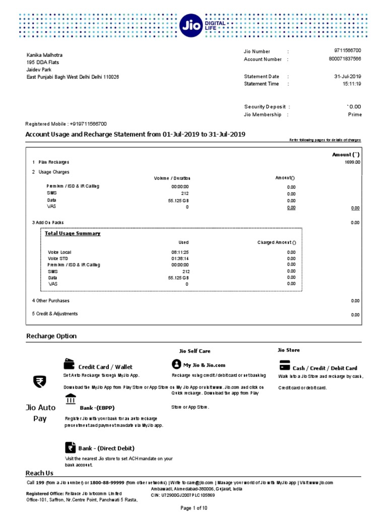 Jio Mobile Account Statement for the Period of July 1-31, 2019 | PDF ...