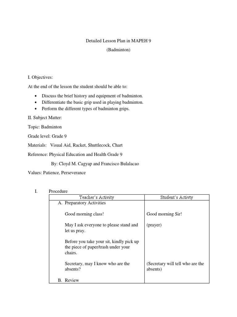 Badminton Lesson Plan for Grade 9 | PDF | Athletic Sports | Racquet Sports