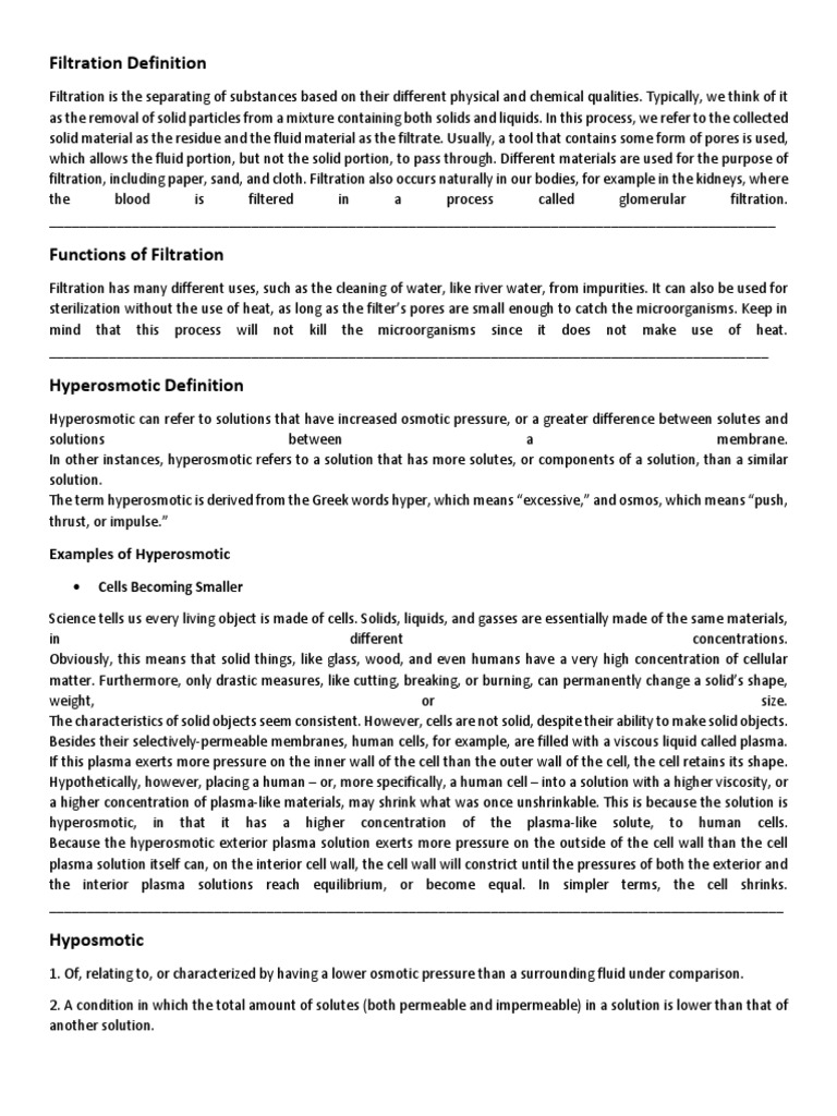 Filtration Definition: Examples of Hyperosmotic | PDF | Filtration ...