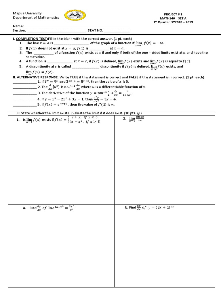 Project # 1 Math146 Set A 1 Quarter SY2018 - 2019 | PDF | Function ...