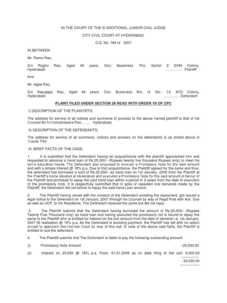 Plaint Filed Under Section 26 Read With Order Vii of CPC | PDF ...