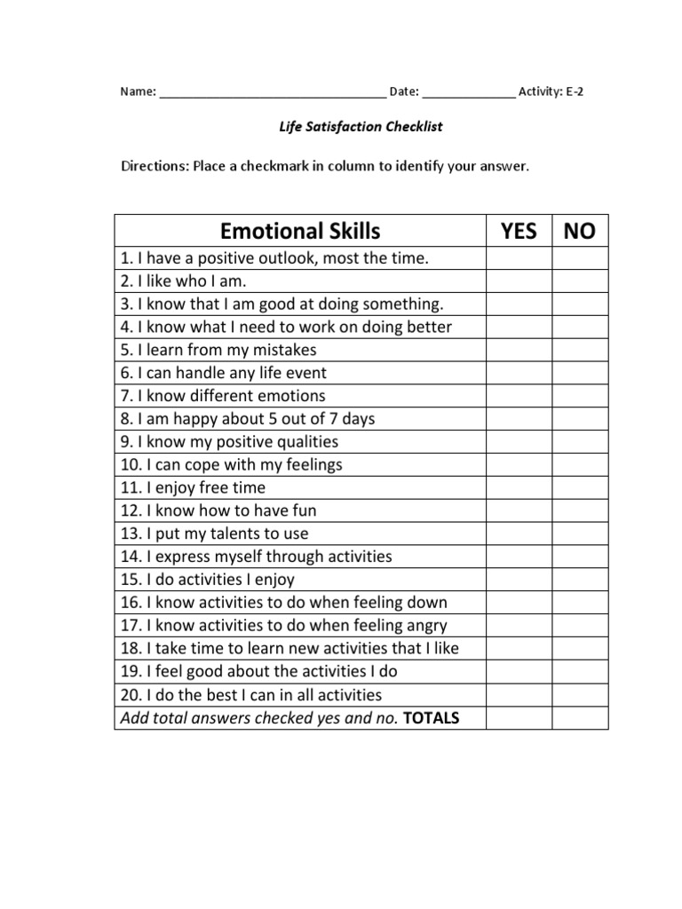 Emotional Skills Yes No: Directions: Place A Checkmark in Column To ...