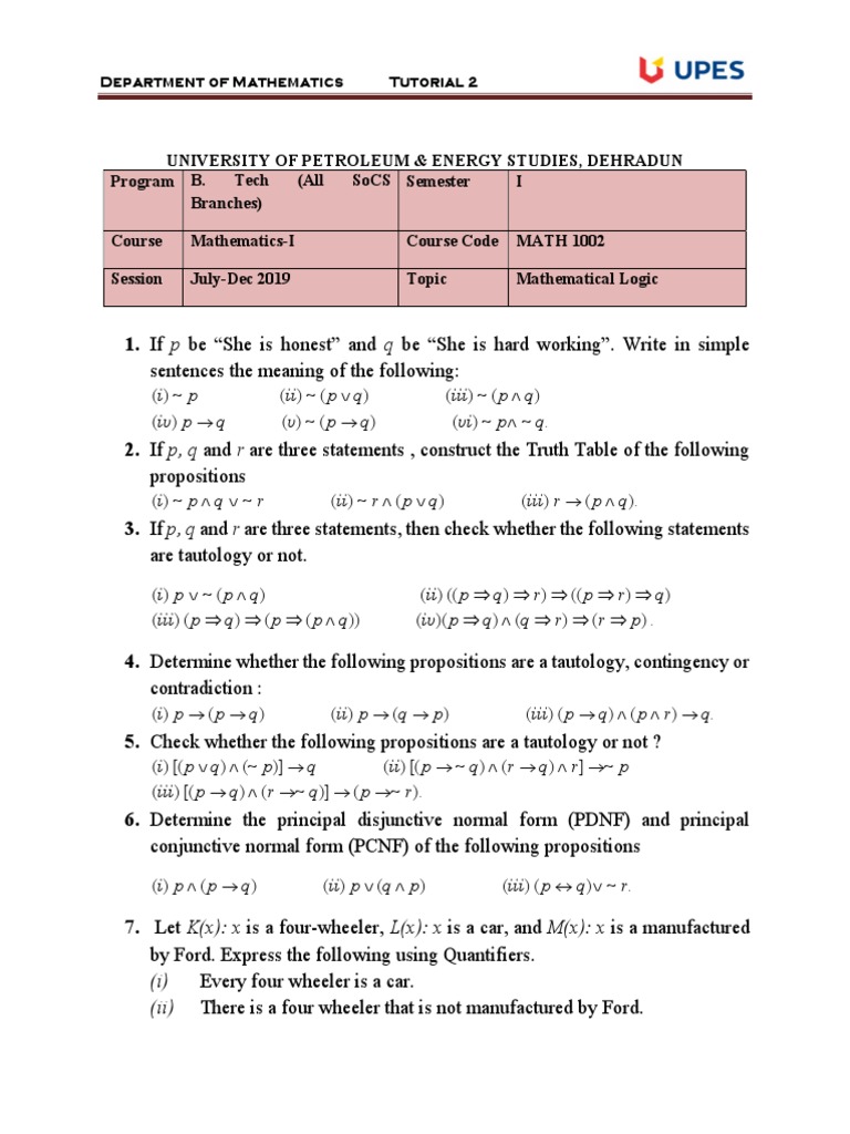 Tutorial Sheet 2 | PDF | Logical Expressions | Metalogic
