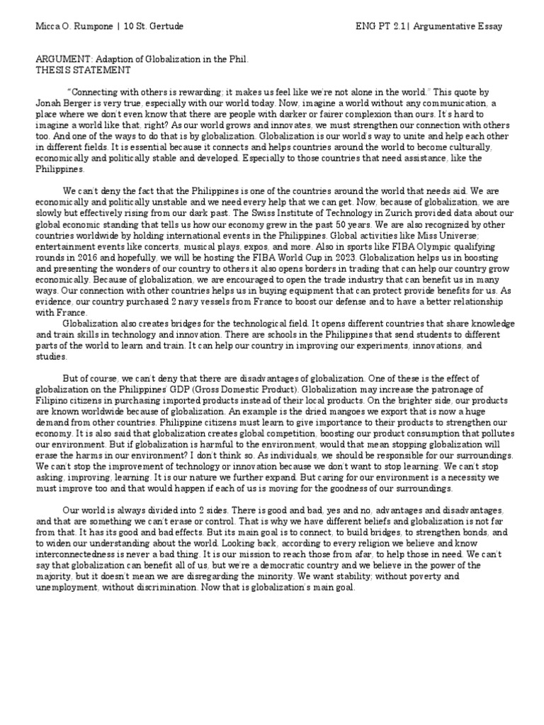 Argumentative Essay | PDF | Innovation | Philippines