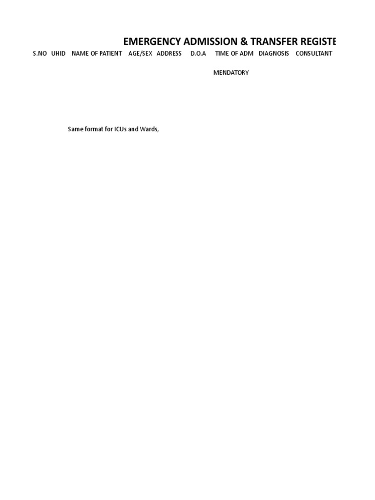 Emergency Admission & Transfer Register | PDF | Surgery | Medicine