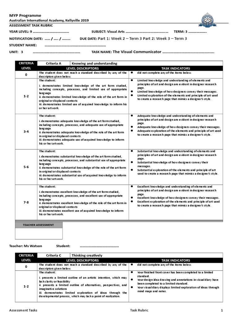 2019 Assessment Task Year 9 Unit 3 Rubric | PDF | Rubric (Academic ...