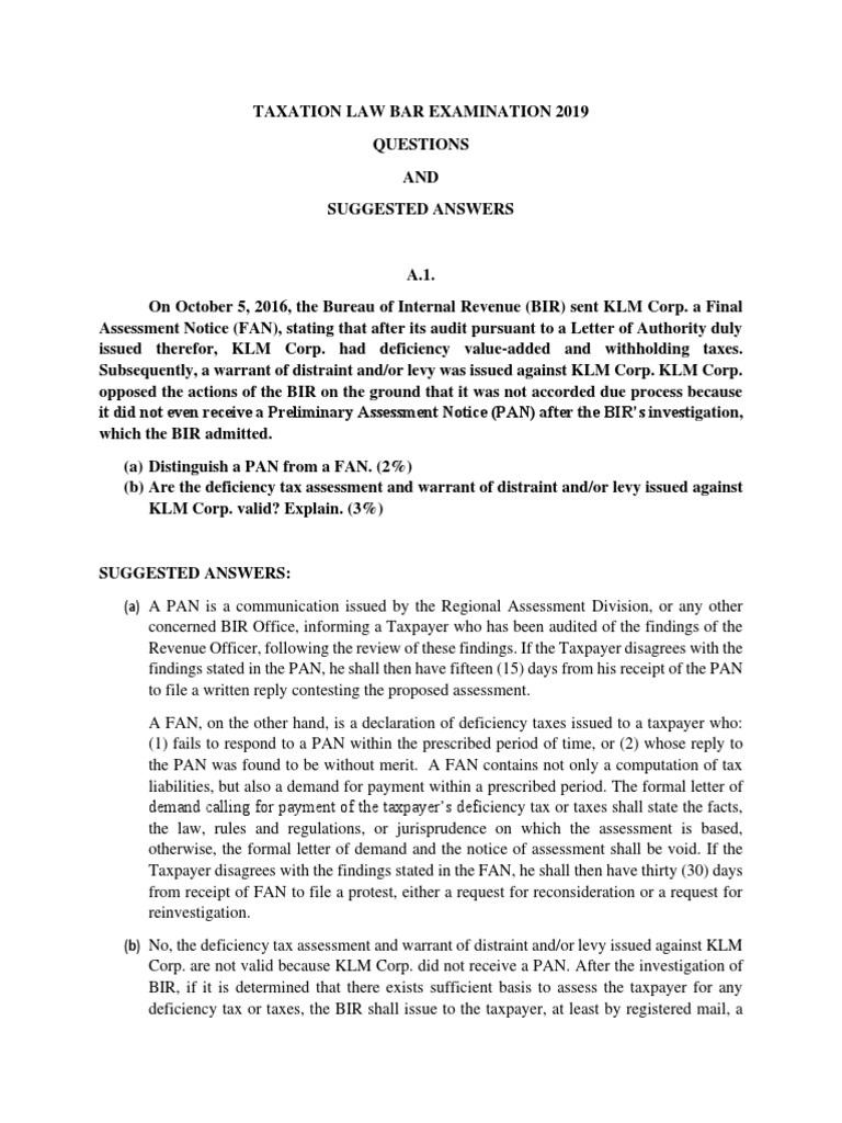 Taxation Law Bar Examination 2019 Suggested Answers | PDF | Gross ...