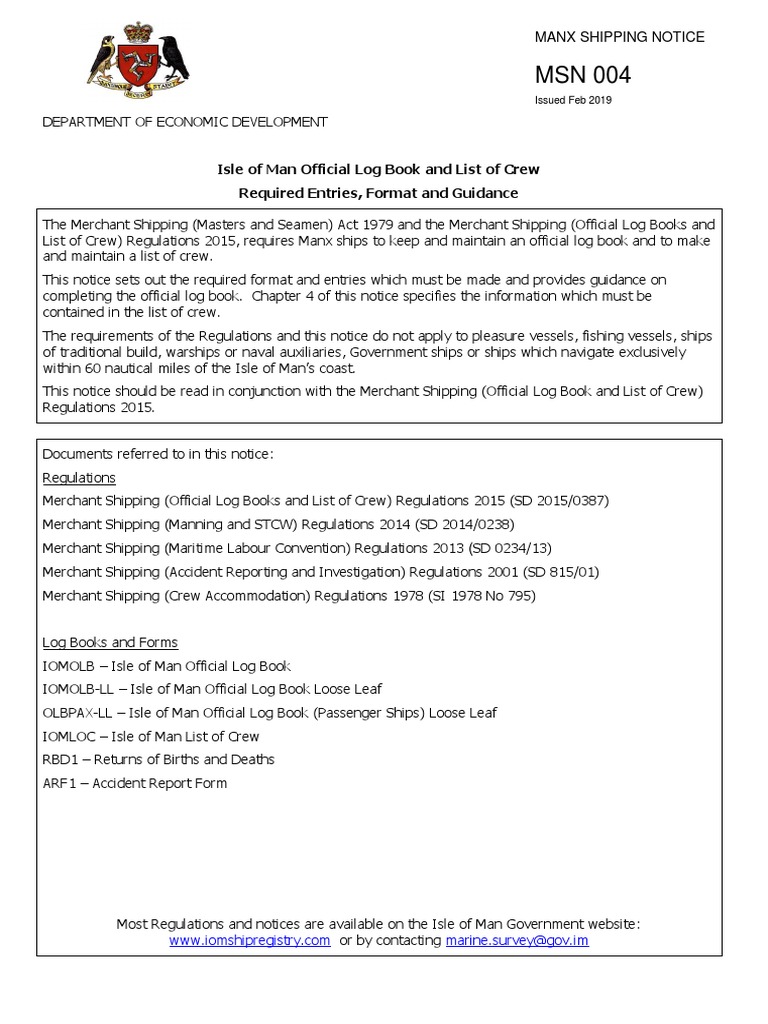 Isle of Man Official Log Book and List of Crew Required Entries, Format ...