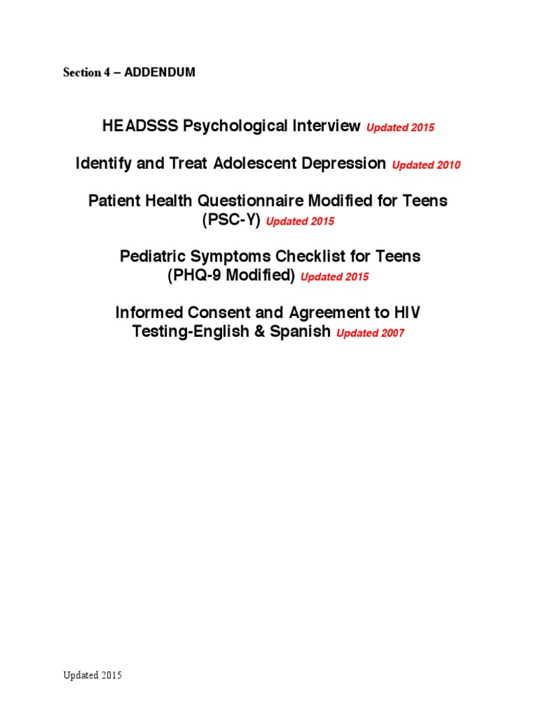 Headsss 3.0 &Phq9 | PDF | Adolescence | Psychological Concepts