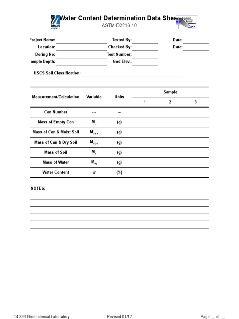 Water Content Determination Data Sheet: ASTM D2216-10 | PDF | Sand ...