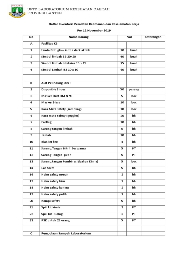 Daftar Inventaris Alat K3 Laboratorium | PDF